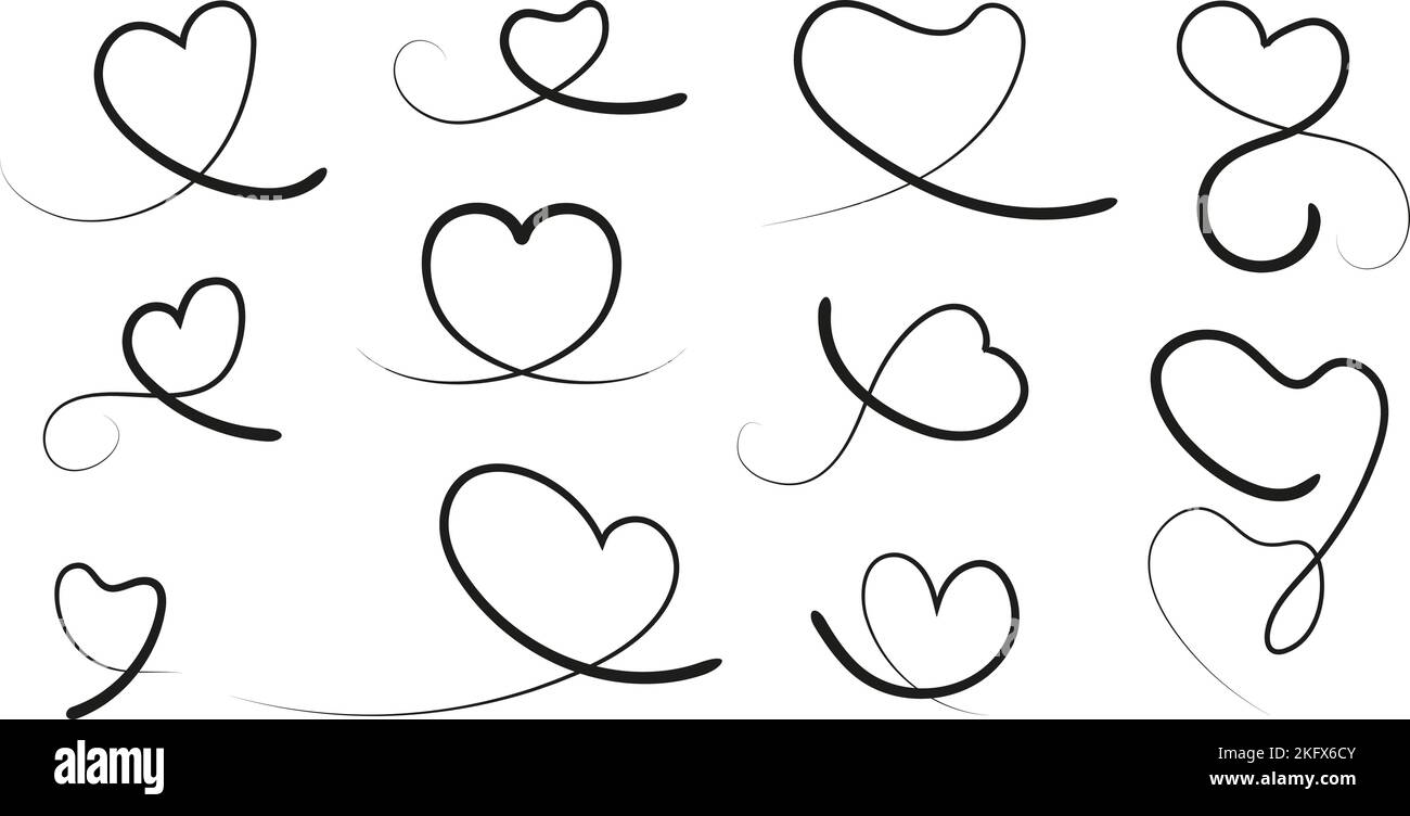 Line hearts, curved heart calligraphy element. Black liner or brush ...