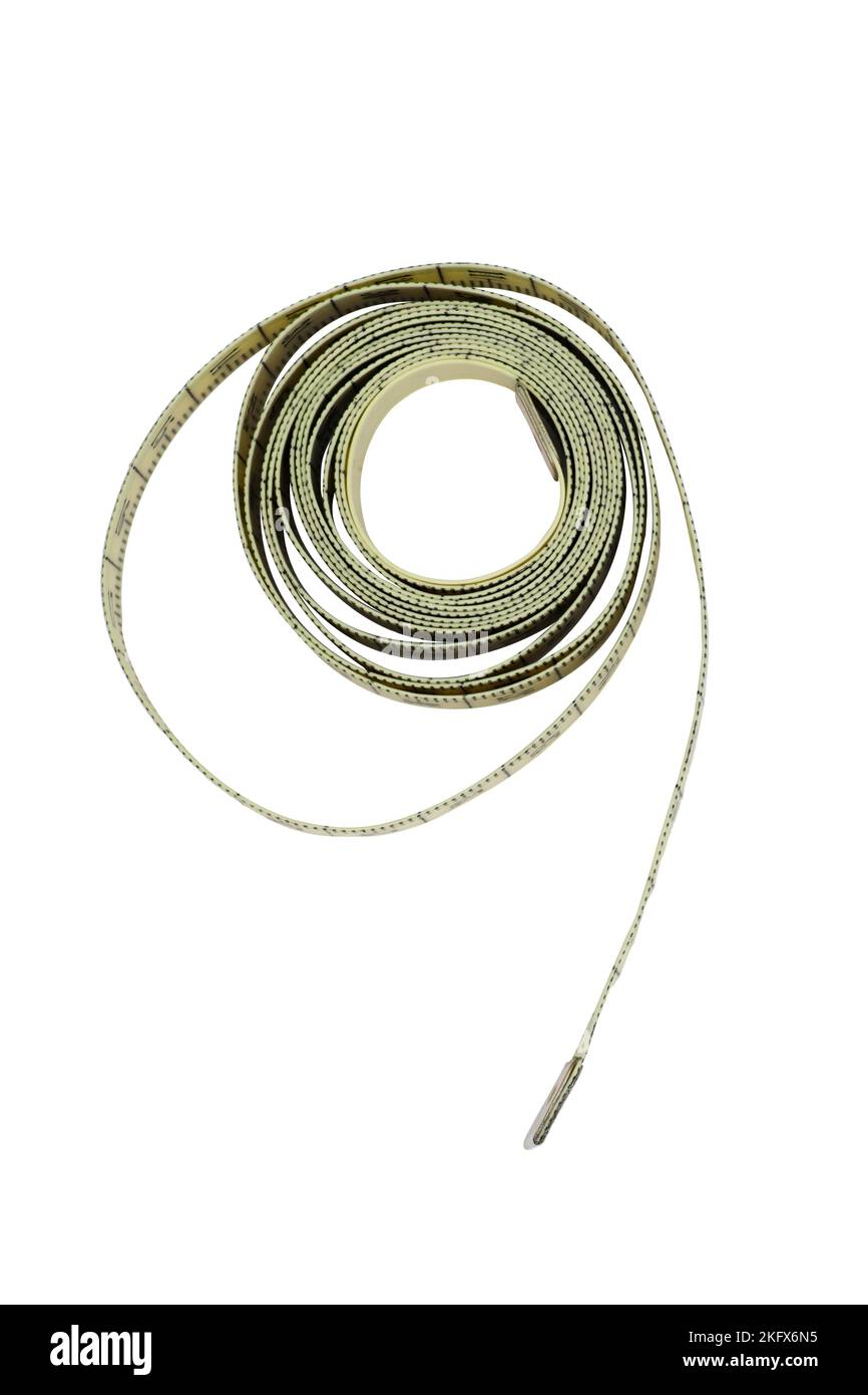 yellow measure tape from above on white background Stock Photo - Alamy