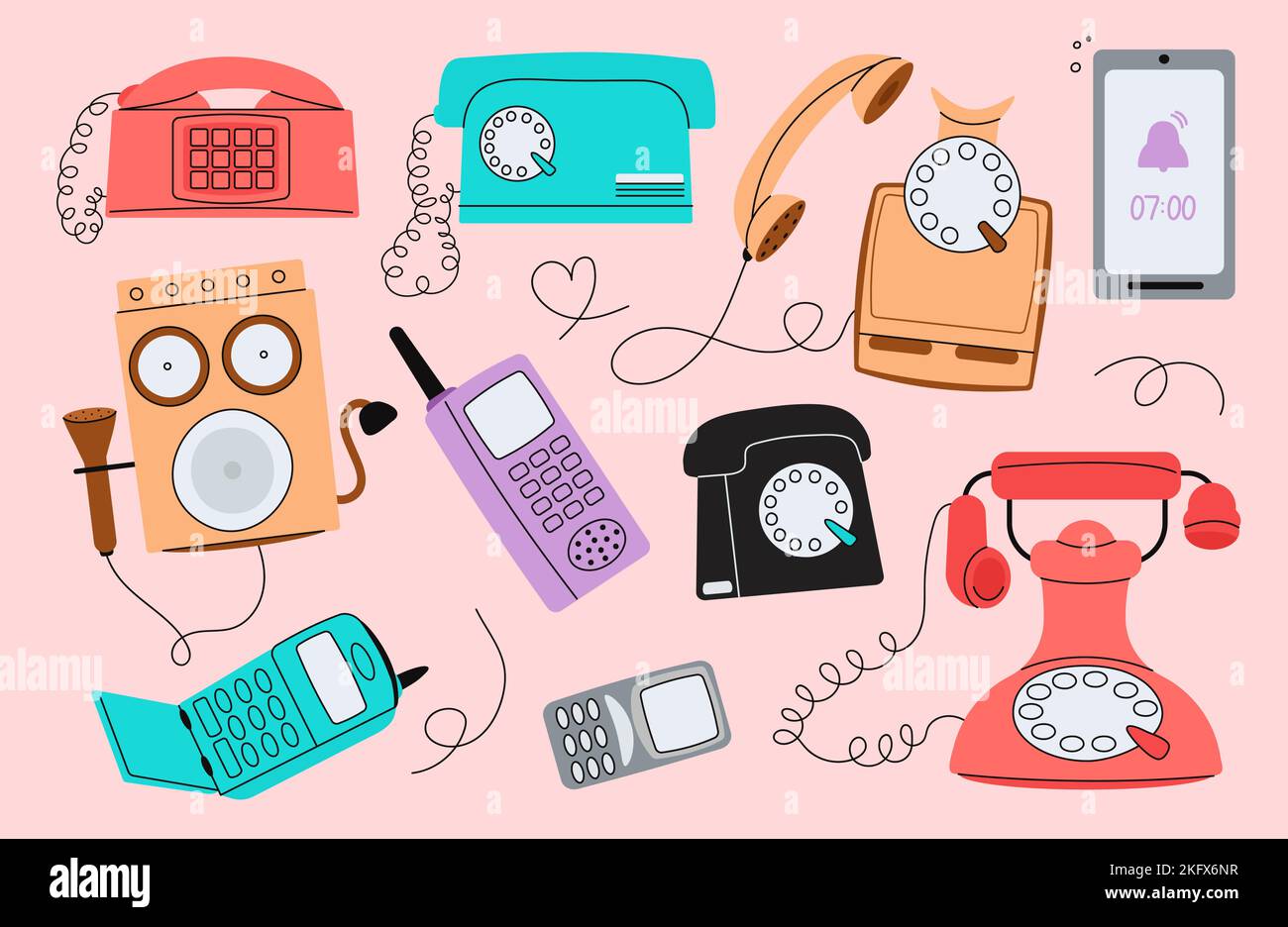 Flat various telephones. Historical wire telephone, vintage communication technology. Isolated ...