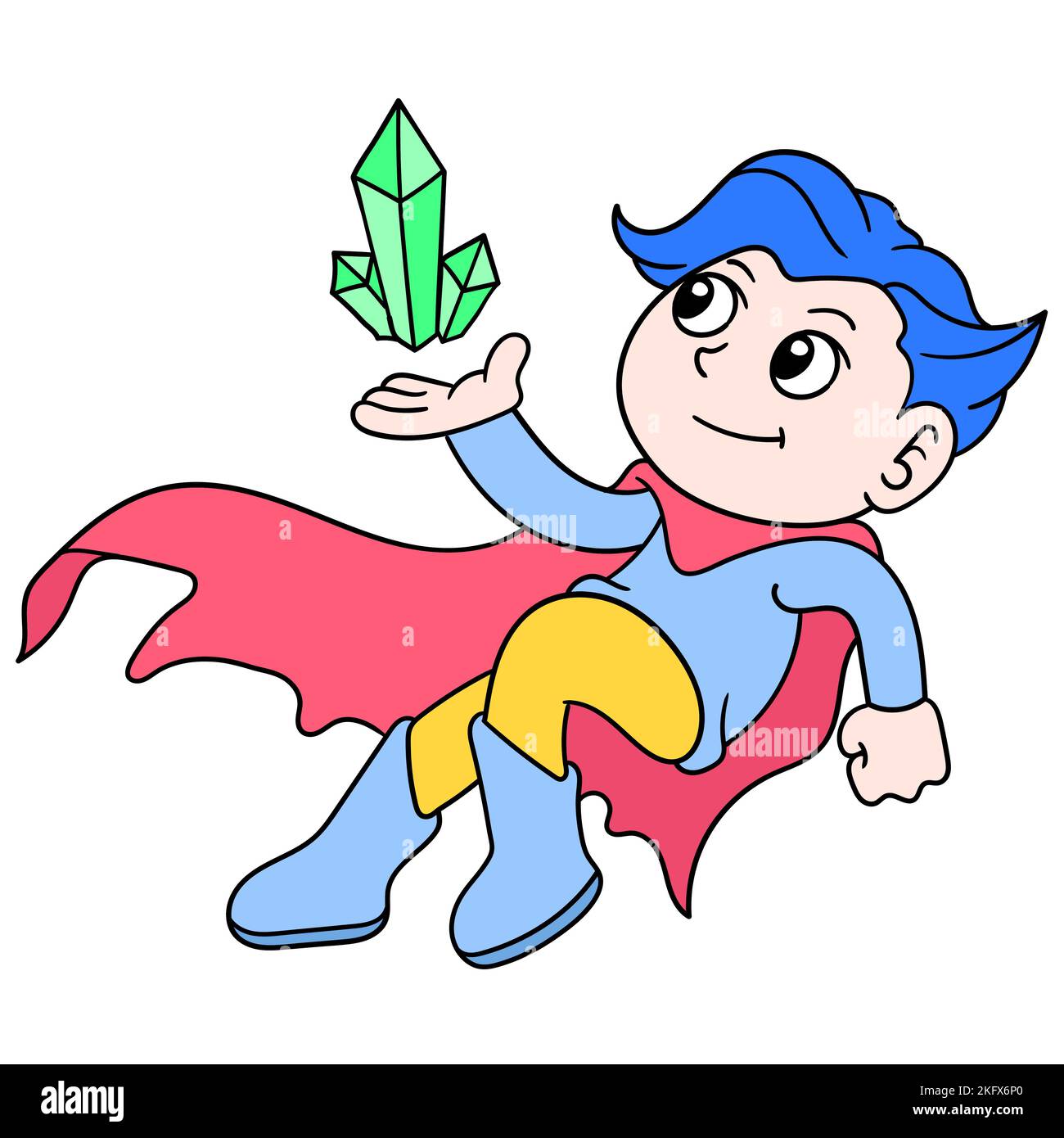 An editable vector of a flying superman holding crystals above his palm ...