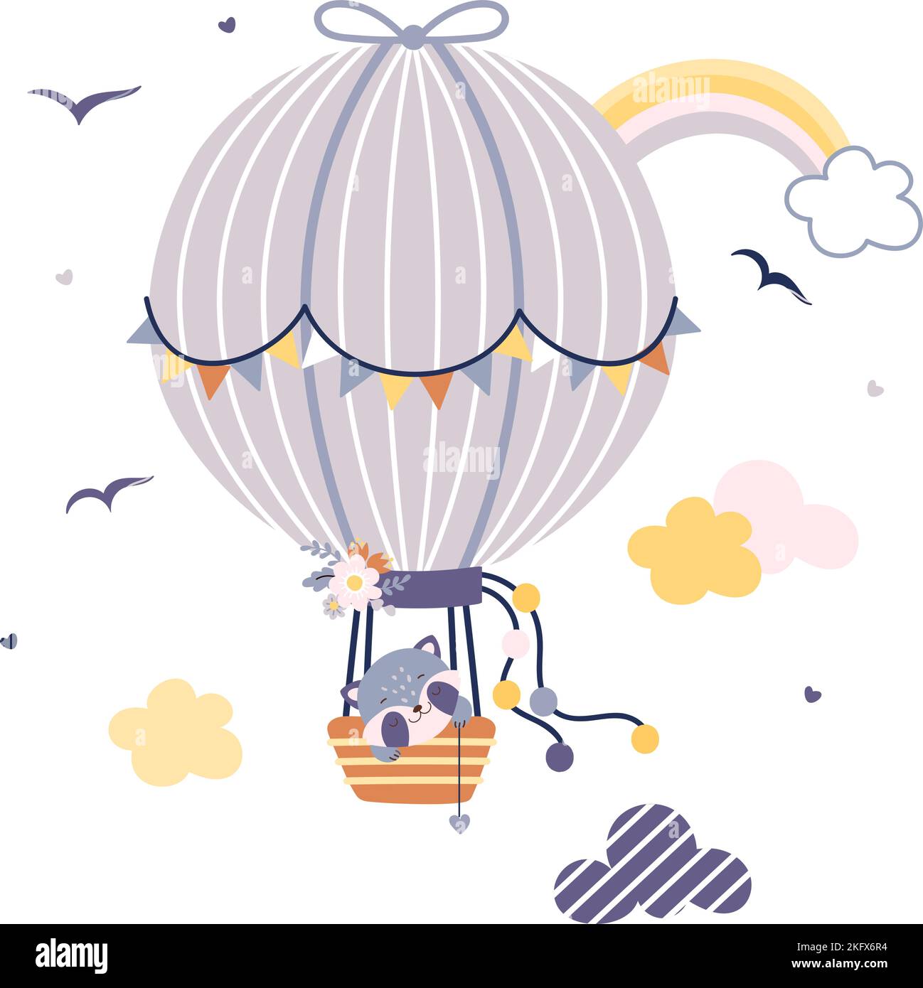 Animal on hot air balloon. Animals fly in sky, cute cartoon childish ...