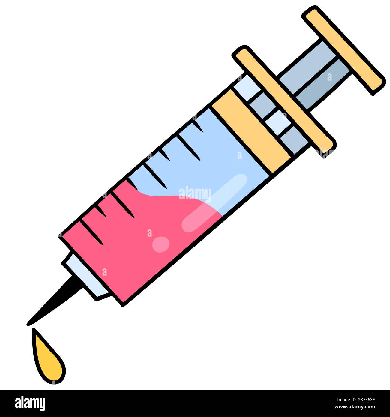 An editable vector of an injection syringe filled with pink liquid ...