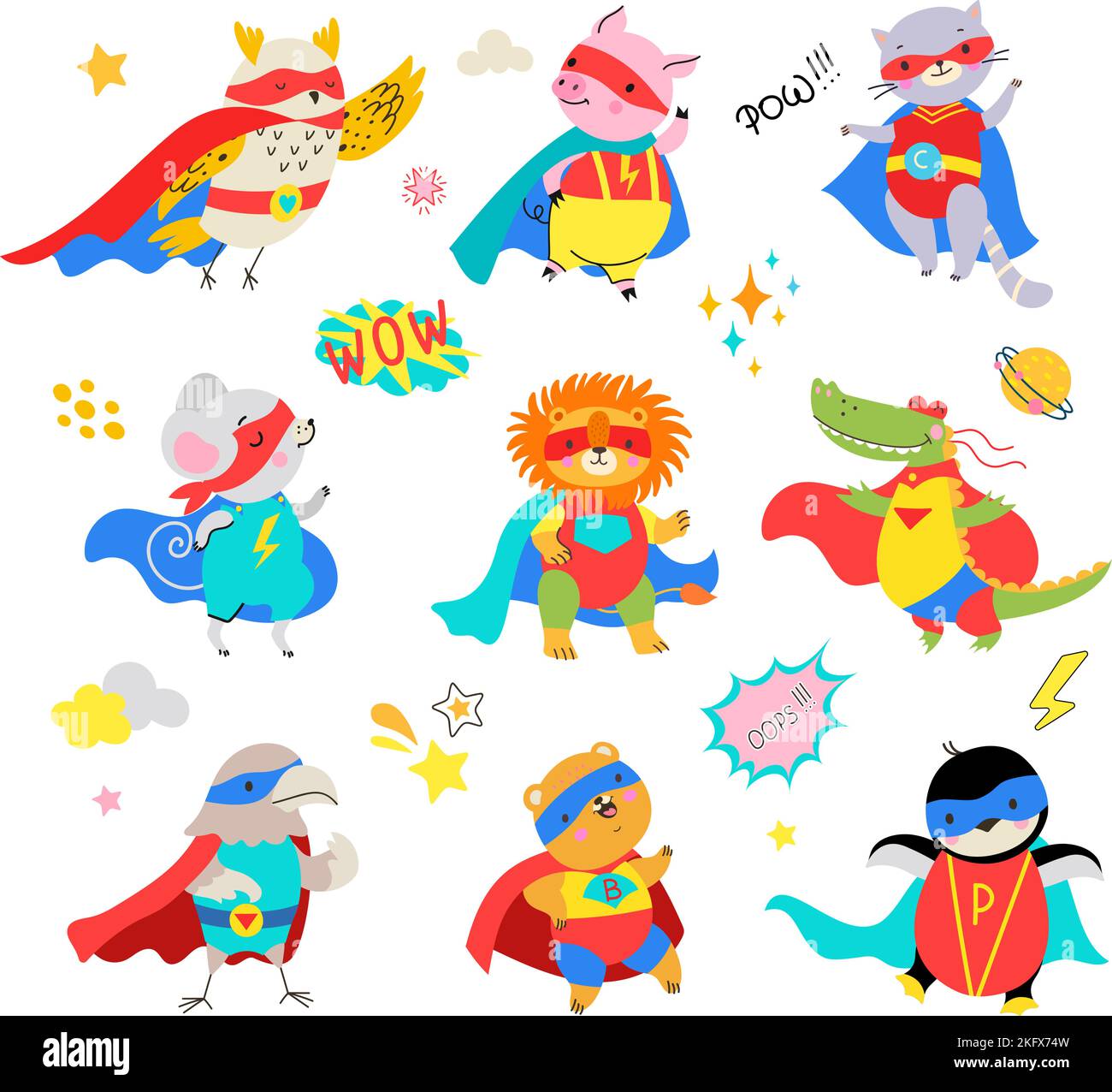 Cartoon animals cute superhero set. Child hero in cape and mask, comic ...