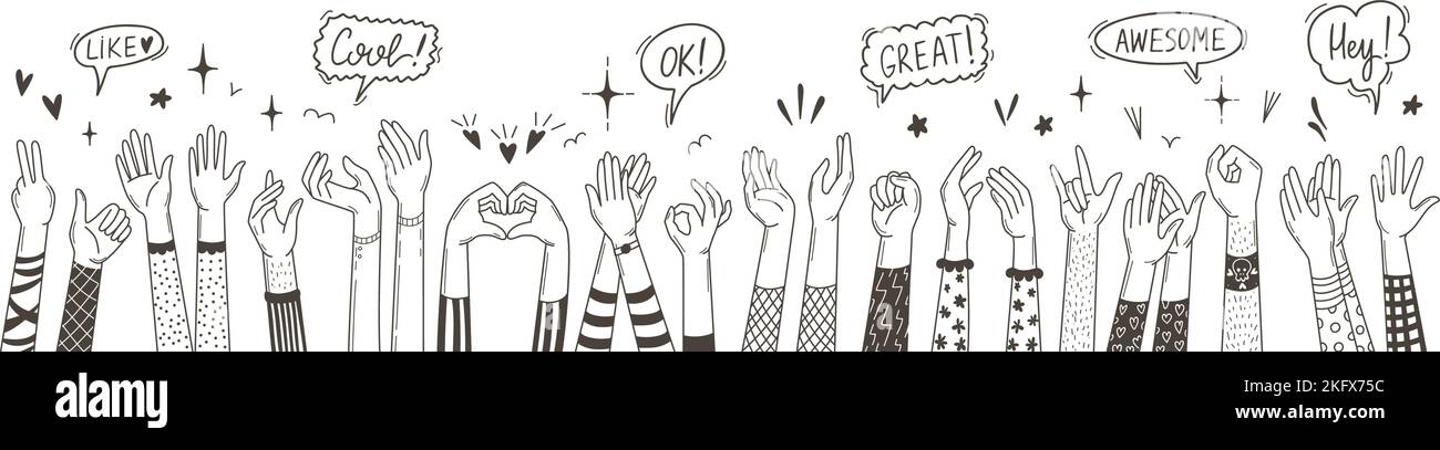 Support and applause sketch hands. Arm waving, clapping hand woman man ...