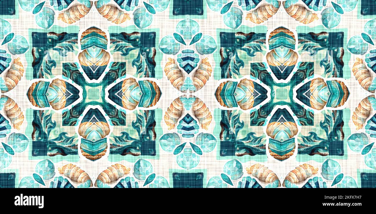 Teal beach house border in coastal style patchwork pattern. Modern ...