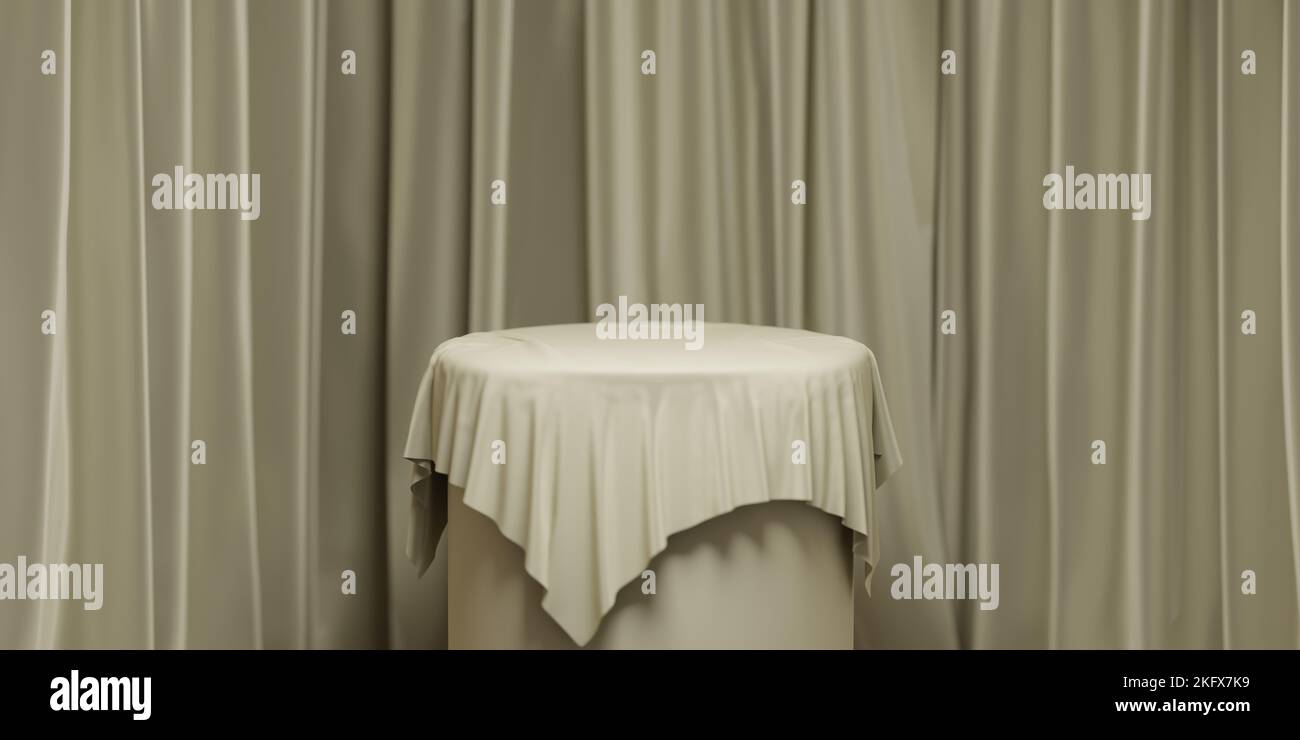 Empty round podium with background covered with beige cloth. Stand ...