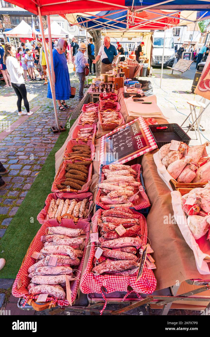 Various types of French dried meat saucisson sec sausages, salami, in ...