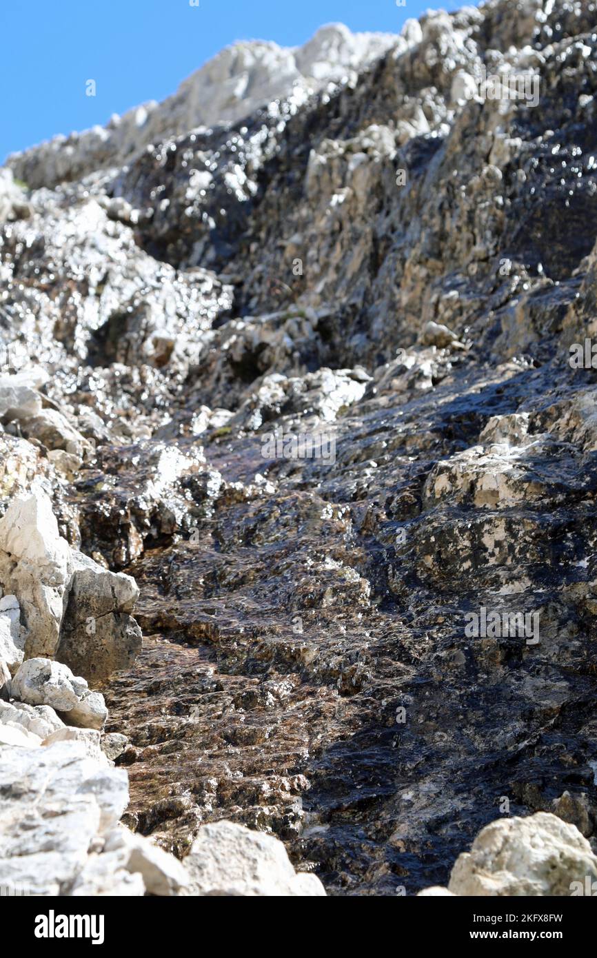 spring water that flows between the rocks of the European Alps during ...