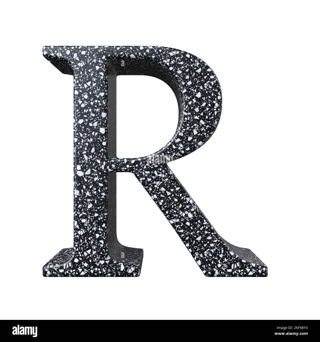 A 3D rendered R letter of granite material isolated on the white ...