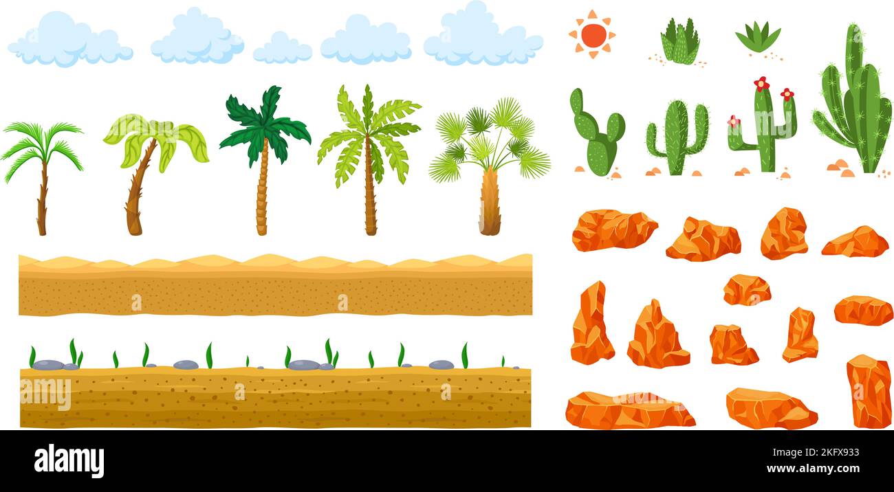 Cactus, palm tree, desert landscape elements. Sand nature grounds ...