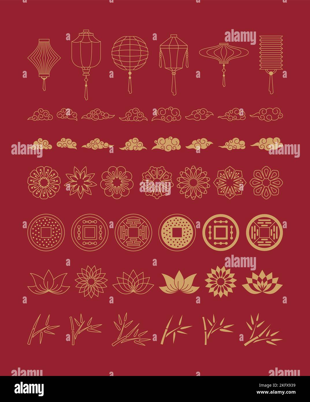 Asian new year decor. China flowers clouds lanterns branches coins ...