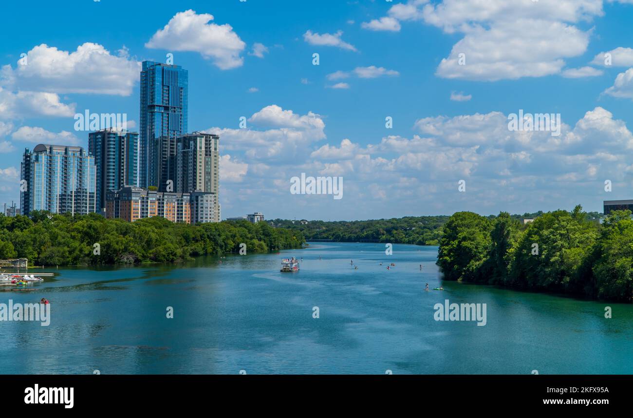 A panoramic view of the Colorado river in Austin seen from the Congress ...
