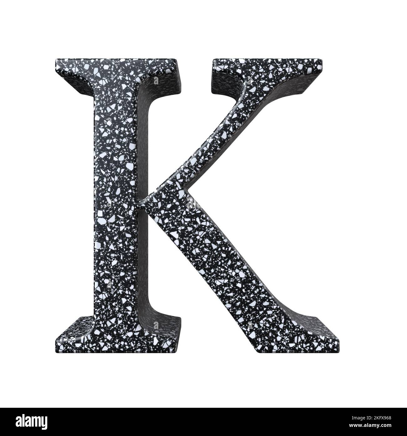 A 3D rendered K letter of granite material isolated on the white ...