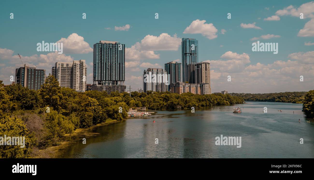 A panoramic view of the Colorado river in Austin seen from the Congress ...