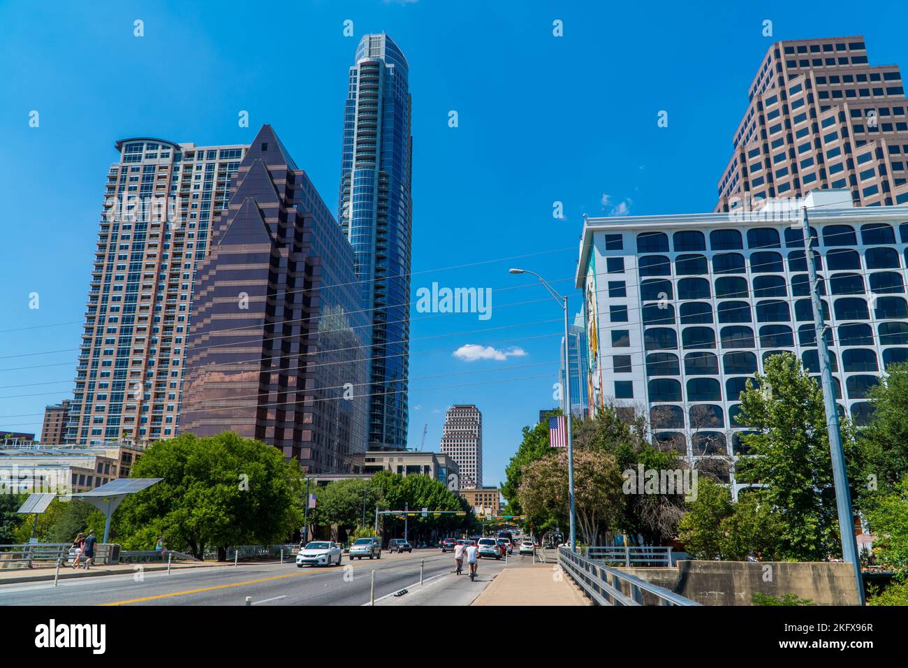 A street view of the modern buildings in downtown Austin seen from ...