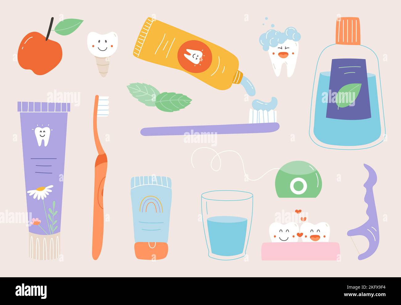 Dental care tools, cute teeth mascots. Cleaning stomatology brushes ...