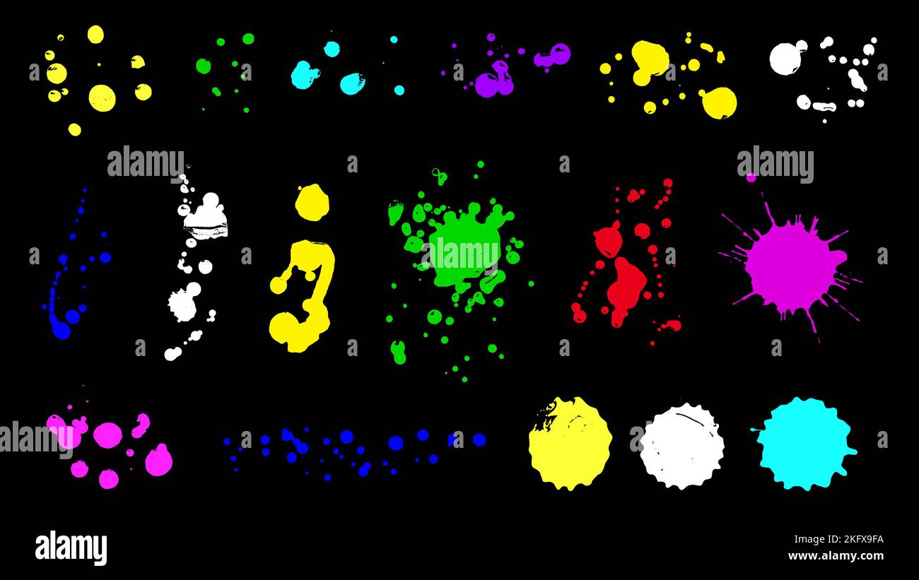 Neon colors graphic elements. Blobs and spray, decorative ink splashes ...