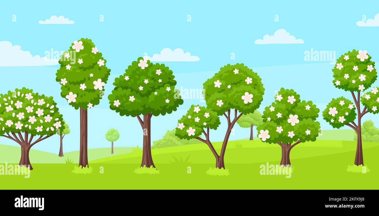 Spring blossom tree garden landscape. Green various cartoon trees ...