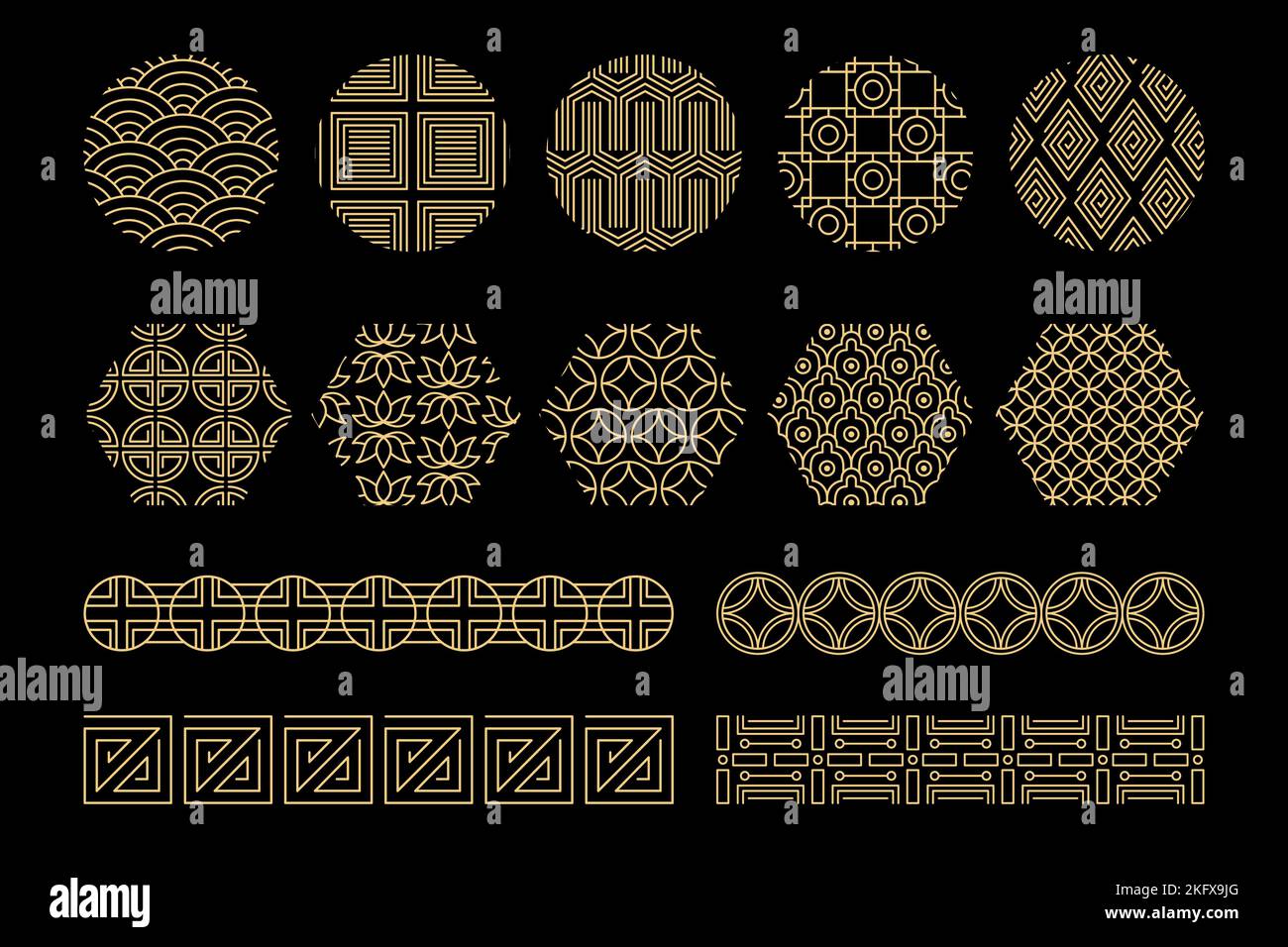 Japan pattern elements. Oriental texture ribbon symbols, waves flowers ...