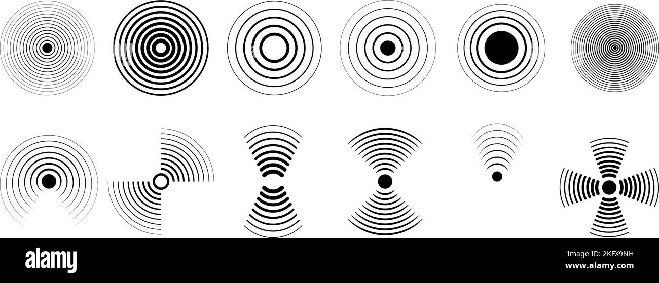 Signal sonar detection, monitor pulse symbol. Waves signals black icons ...