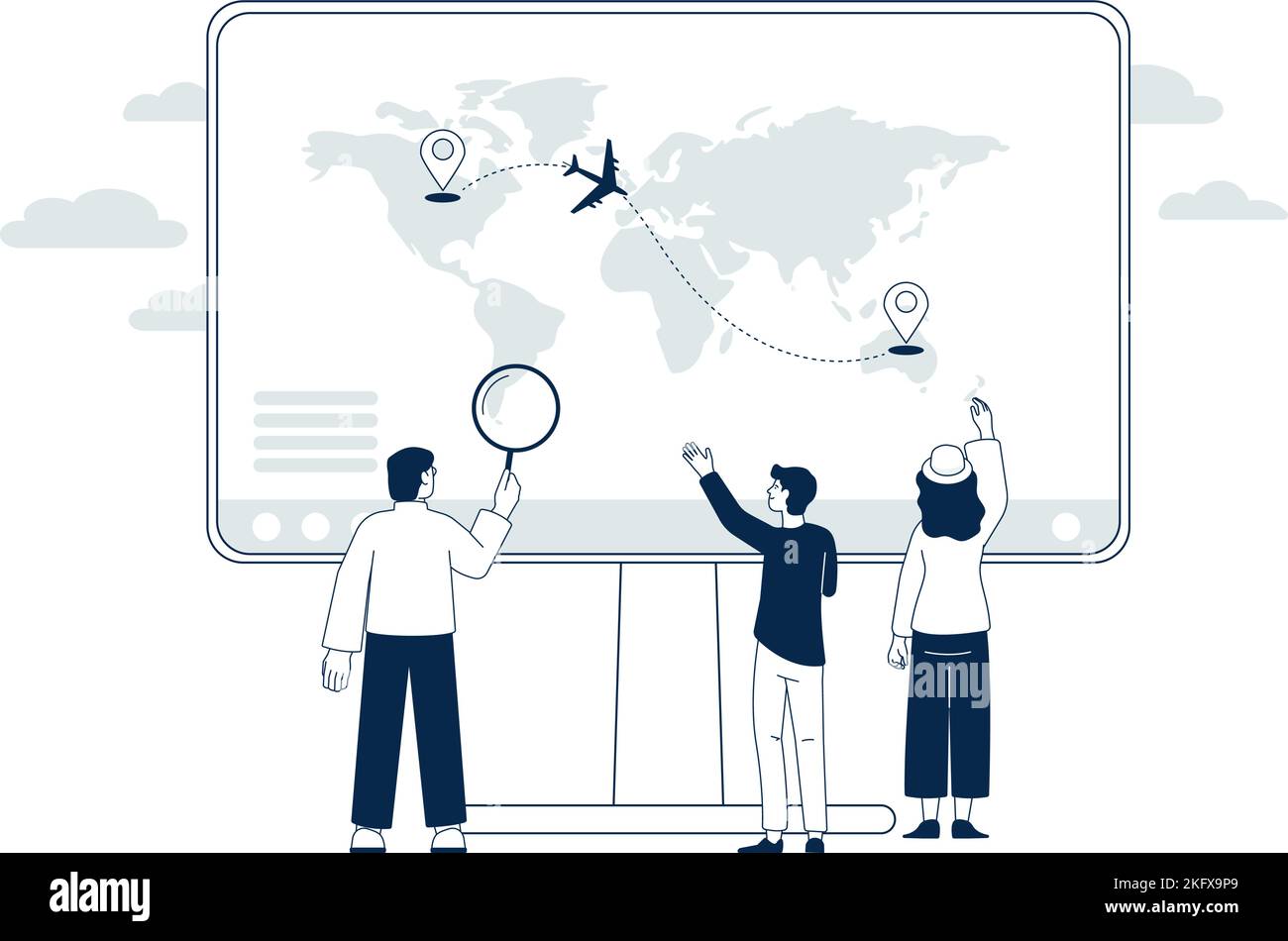 People watch flight of plane in online service. Logistic tracking app ...