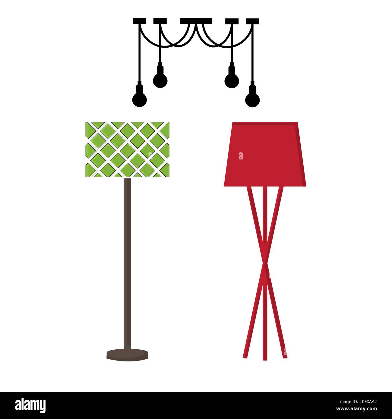 Furniture chandelier, floor and table lamp in flat cartoon style. A set ...