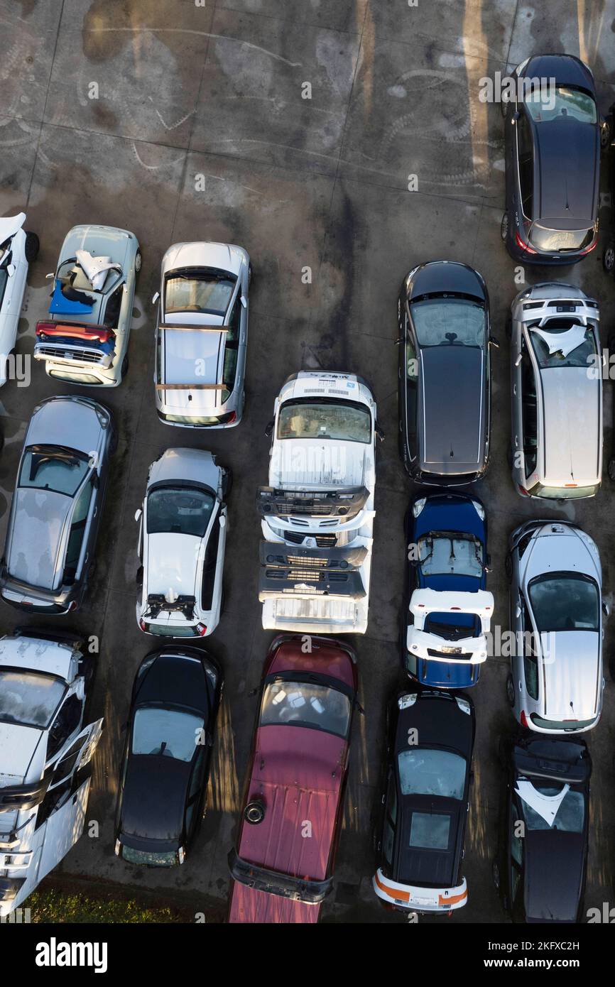 Aerial photographic documentation of a small car demolition park Stock ...
