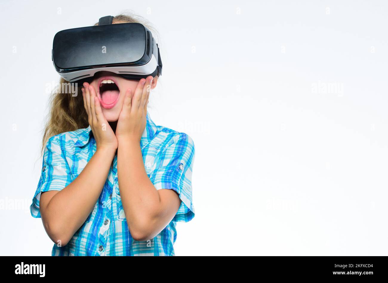 Small kid use modern technology virtual reality. Virtual education for ...