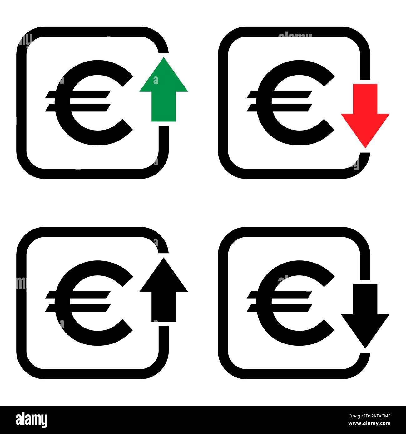 Set of cost symbol euro increase and decrease icon. Money vector symbol isolated on background ...