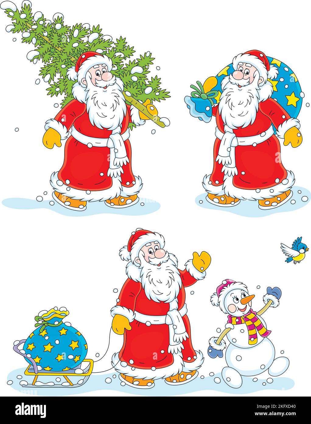 Vector cartoon set with Santa Claus, a funny toy snowman, a magical bag ...