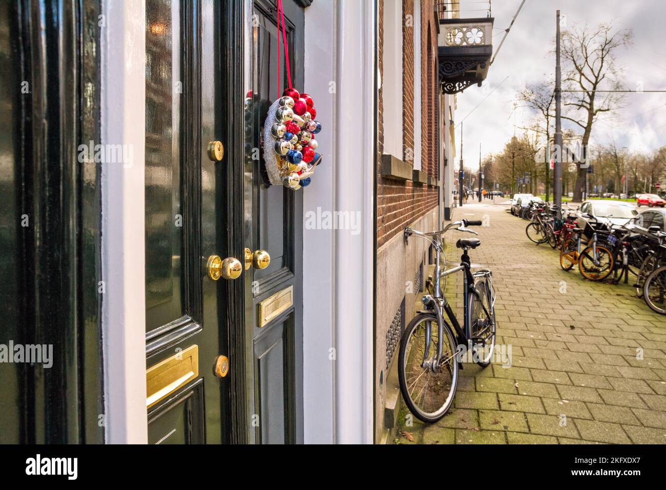 Christmas cityscape - view of the house and street in the old district ...