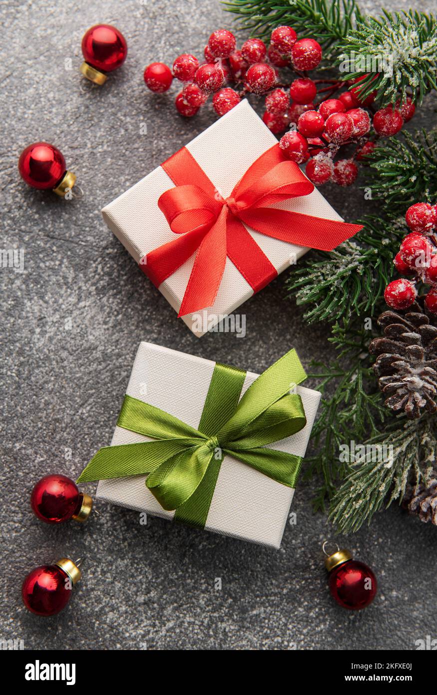 Christmas Background. Fir Tree Decorations And Gift Boxes On Black ...