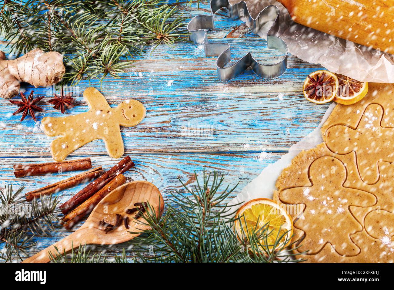 Christmas still life background with gingerbread cookies in decoration ...