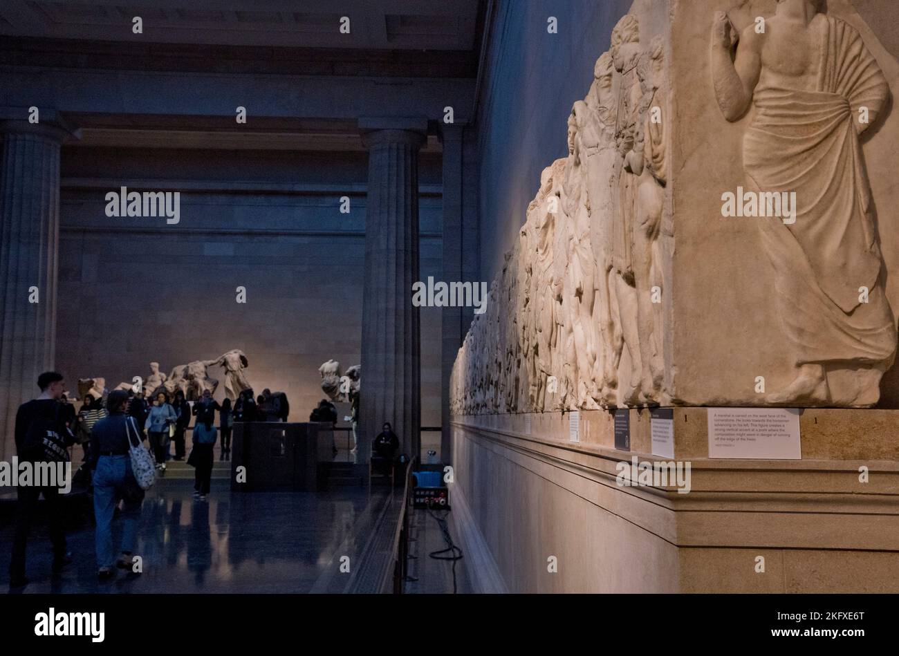 Visitors to the Elgin marbles from the Athens Parthenon gallery at the British Museum in London ...