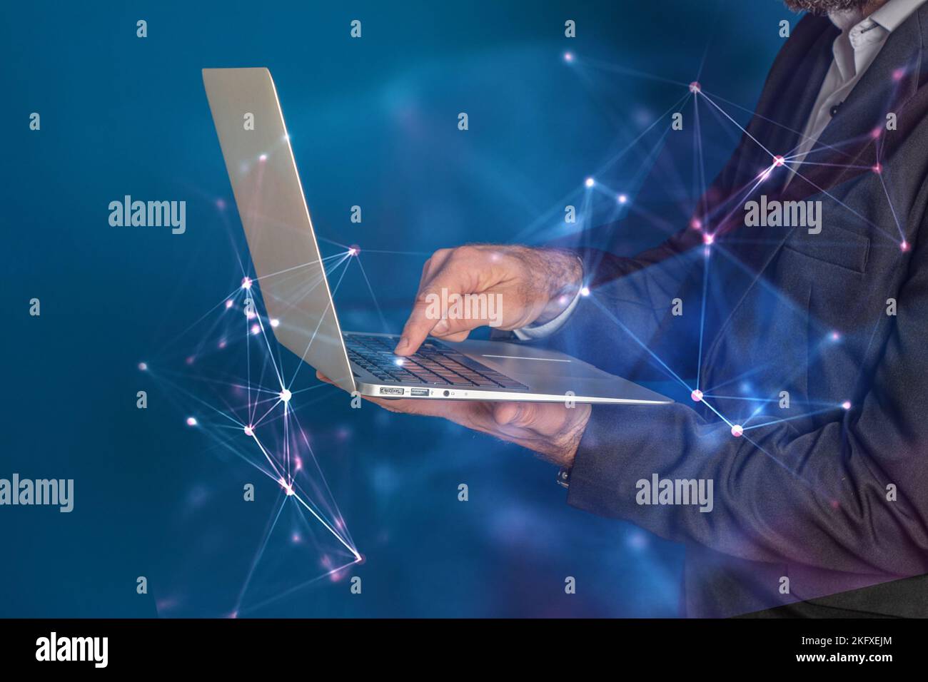 Man using modern computer surfing internet futuristic metaverse.Digital ...