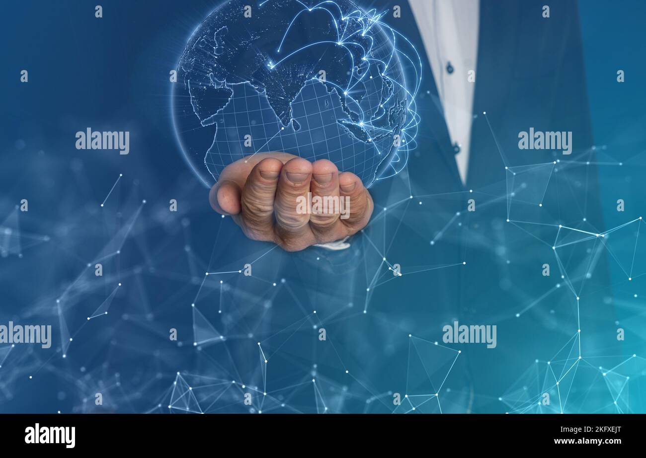 Man hands holding blue earth and global networking connection and data ...