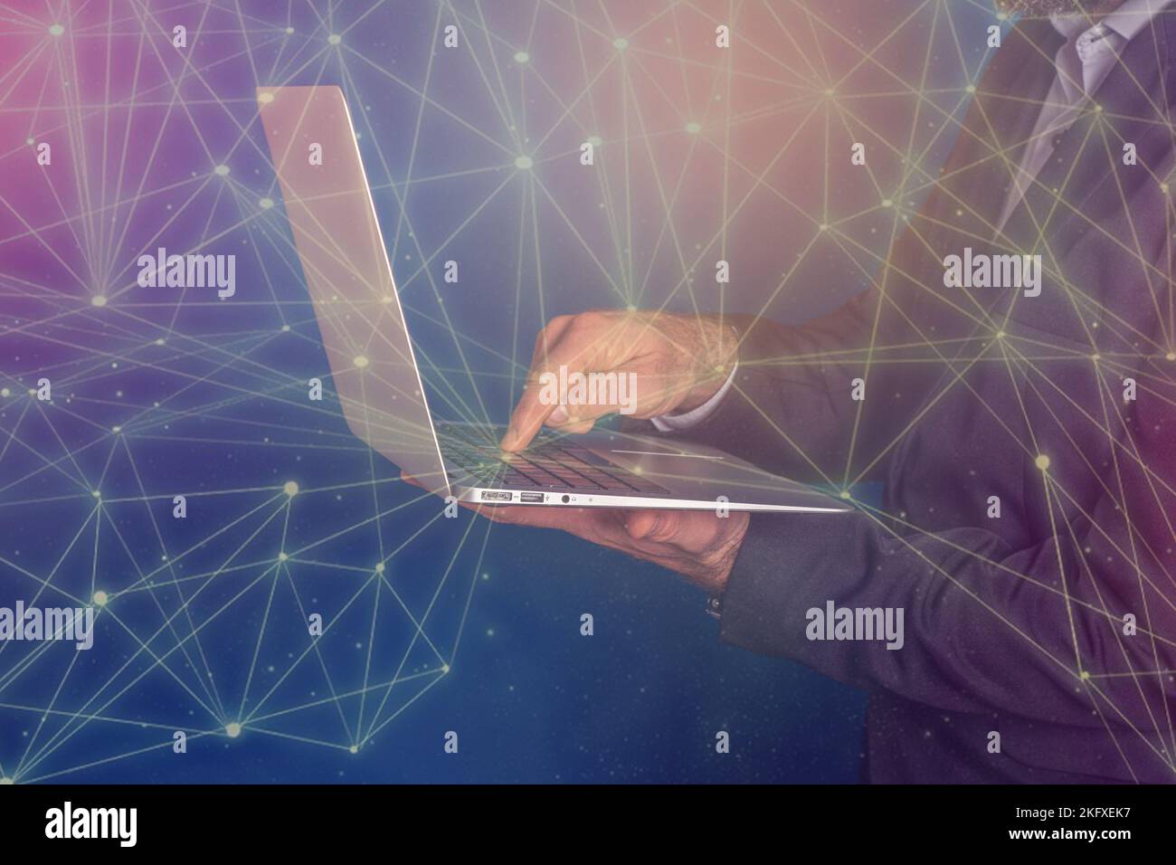 Man using modern computer surfing internet futuristic metaverse ...