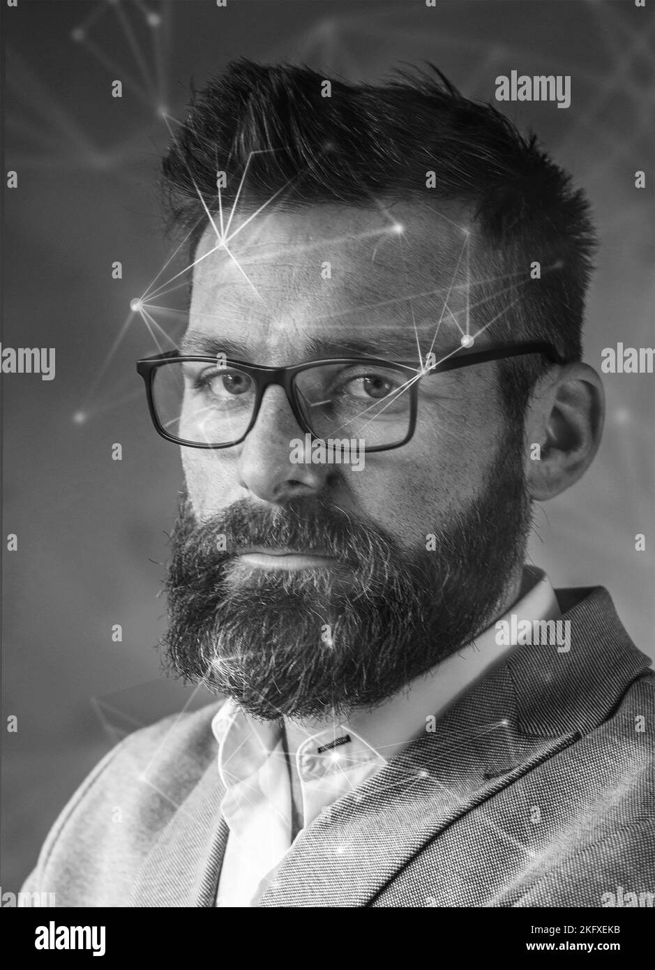 Portrait of successful businessman in office, network of connections ...