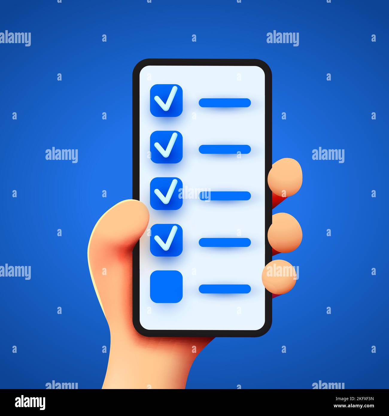 Cute cartoon hand holding mobile smartphone with checklist. Feedback ...