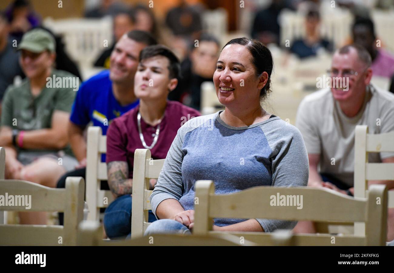 A U.S. service member, deployed to Prince Sultan Air Base, smiles after ...