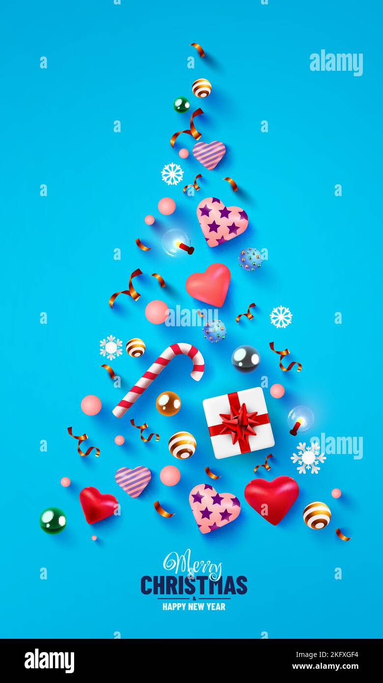 Creative triangle Christmas tree made of shiny balls, confetti, candies ...