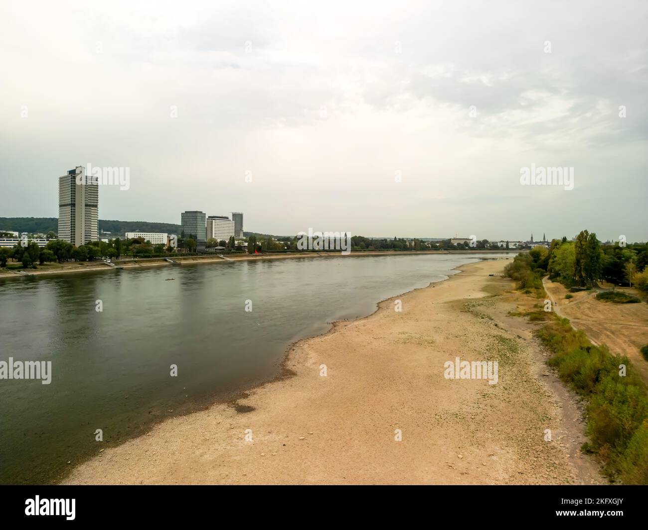The drying River Rhine with a low level of water after a drought in ...