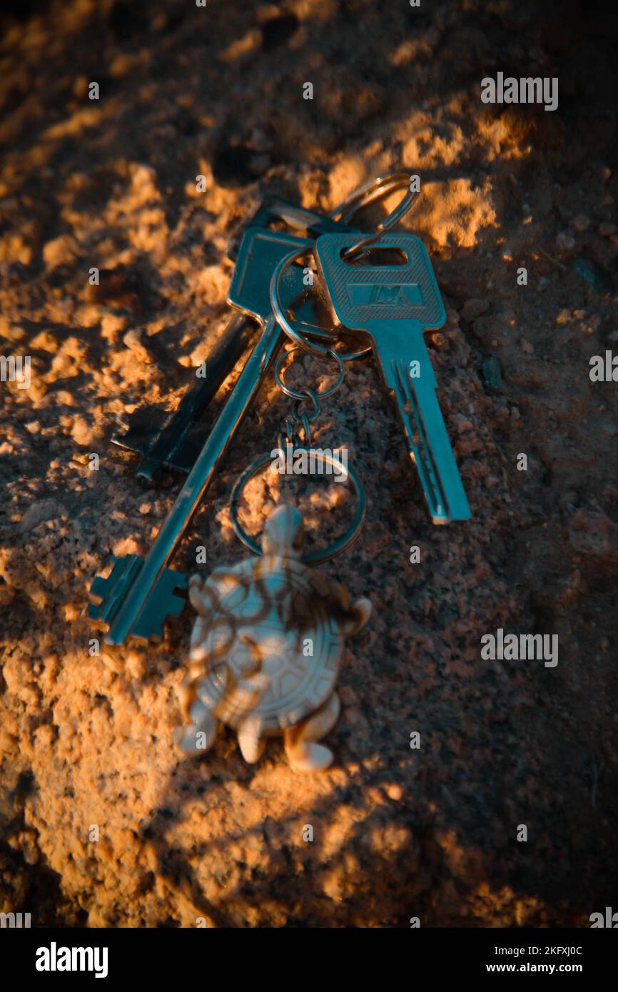 A vertical shot of the keys with a turtle keychain on the sand Stock ...