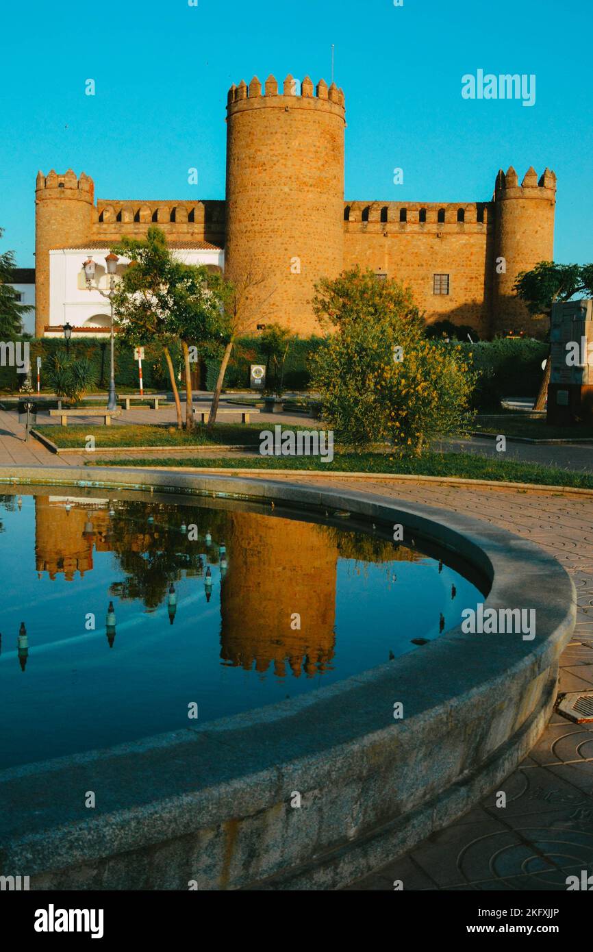 A vertical shot of the historic Parador de Zafra Castle in Badajoz ...