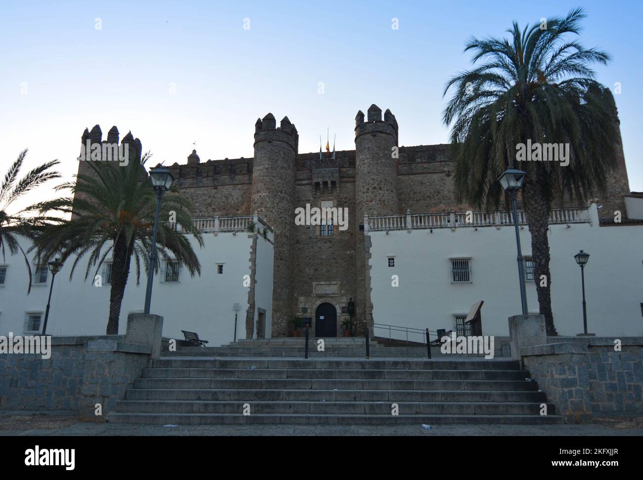 A low shot of the historic Parador de Zafra Castle in Badajoz, Spain ...