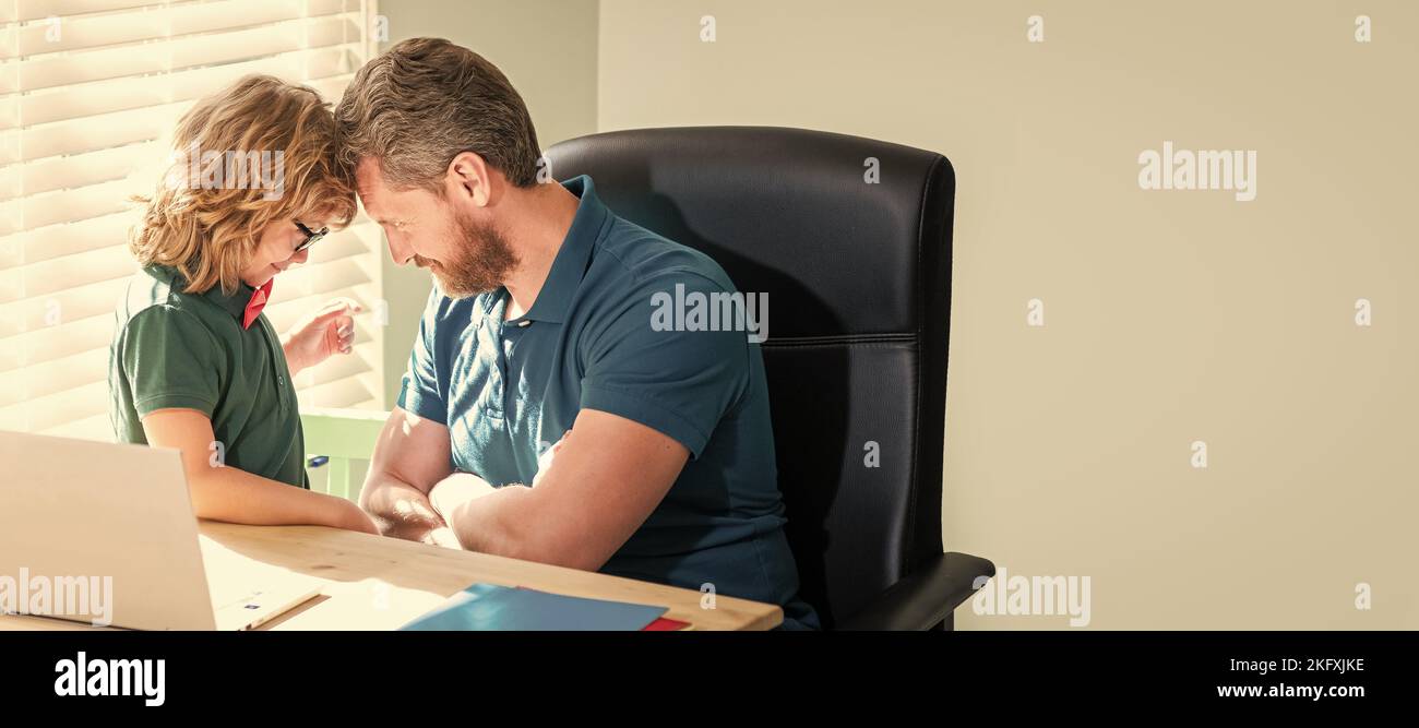 Banner of home school of father and son with laptop at home, friendship ...