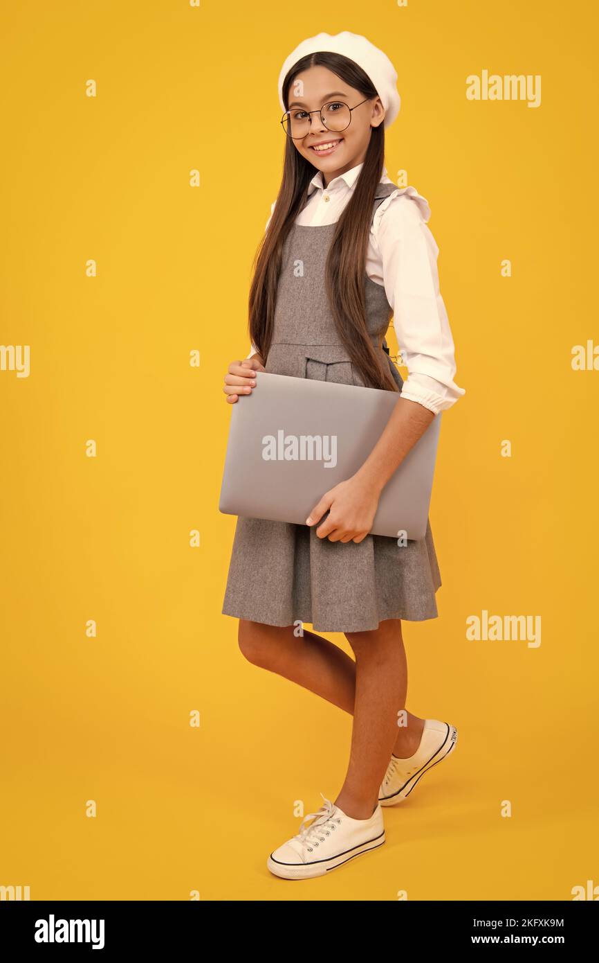 Student school girl with laptop on isolated studio background. Video ...