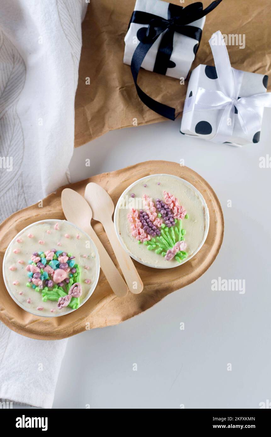 homemade mini cake with cute decor in white disposable coffee cups, new ...