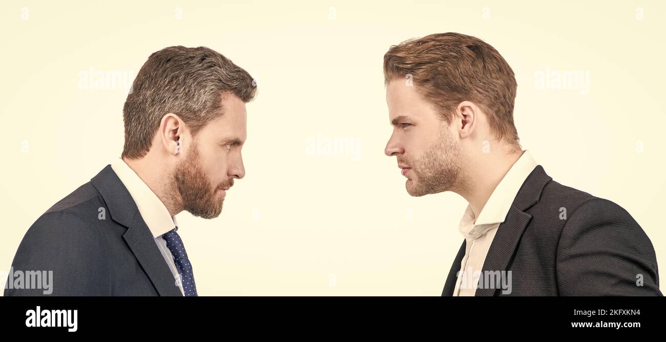 Man face portrait, banner with copy space. two businessmen starring to ...