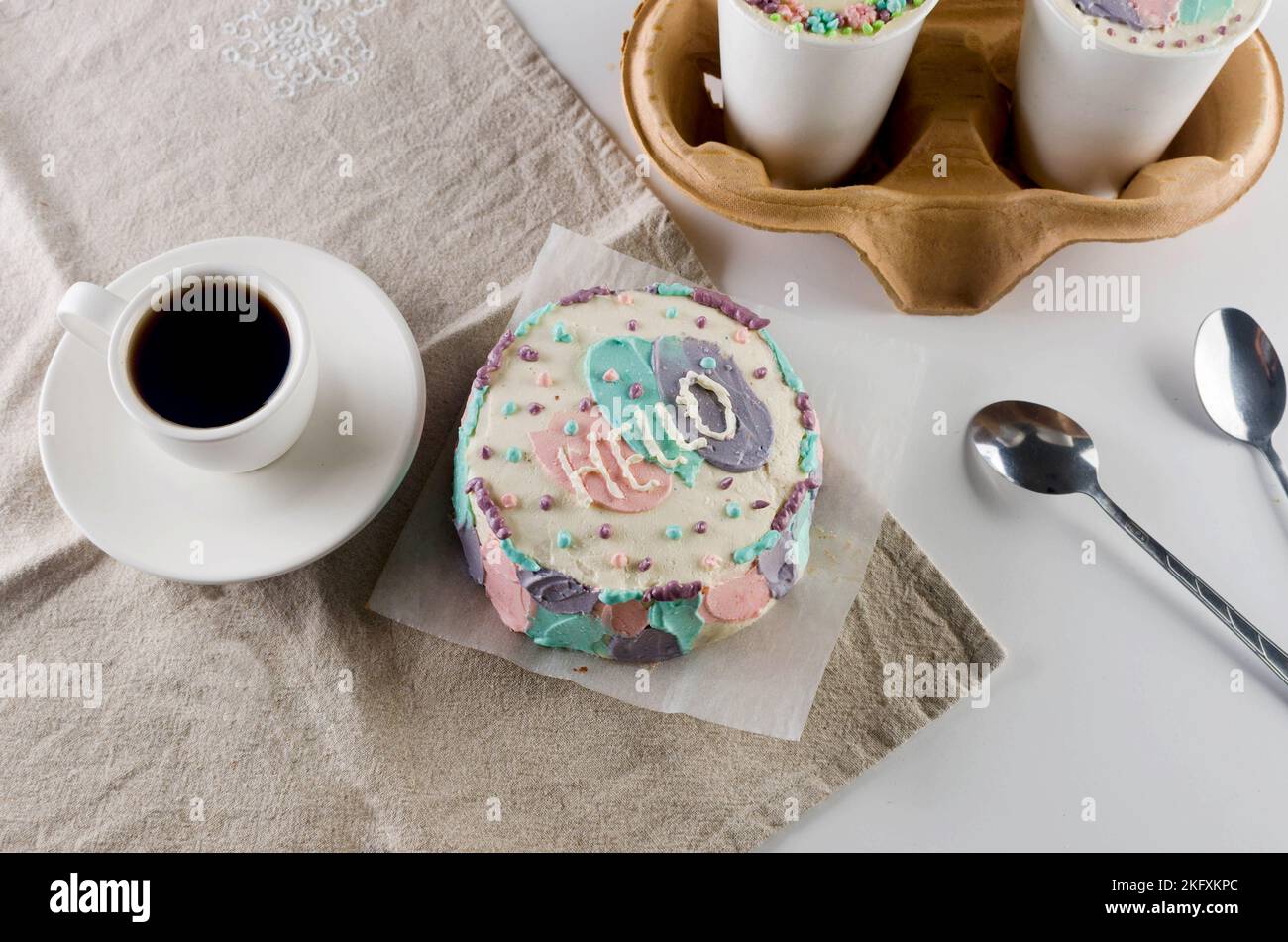 homemade mini bento cake with cute colored decor and lettering "hello ...